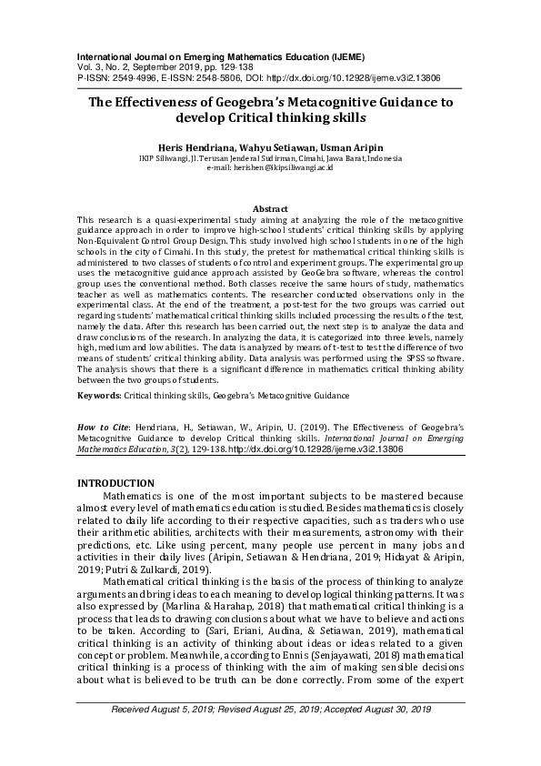 (PDF) The Effectiveness of Geogebra’s Metacognitive Guidance to Develop Critical Thinking Skills