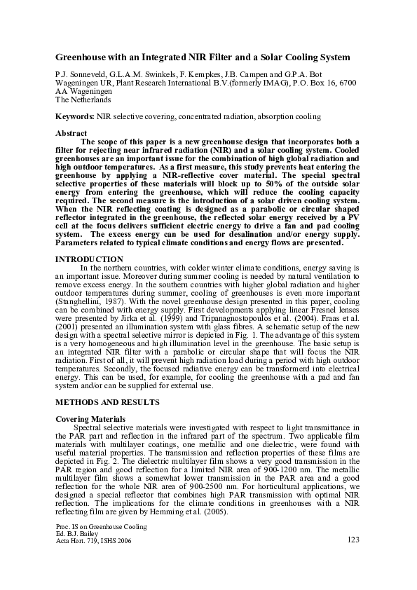 (PDF) Greenhouse with an Integrated Nir Filter and a Solar Cooling System