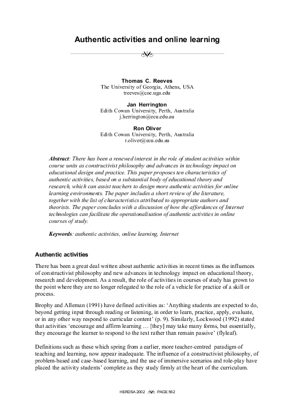 (PDF) Authentic activities and online learning