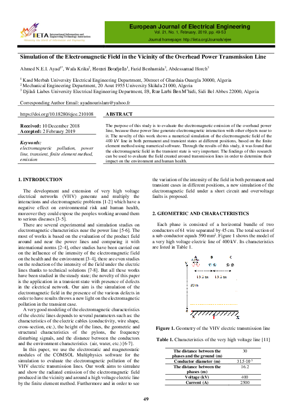 Pdf Simulation Of The Electromagnetic Field In The Vicinity Of The Overhead Power Transmission