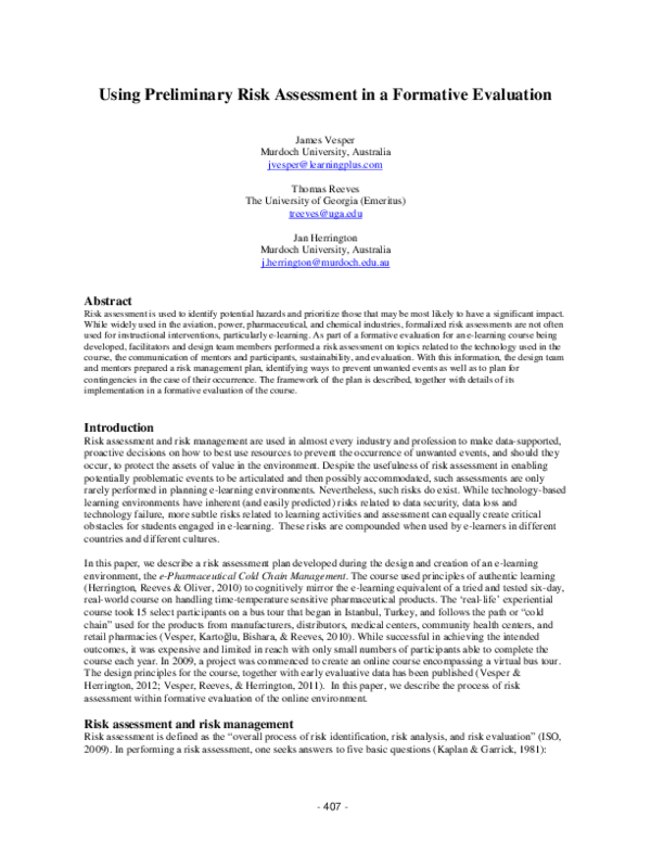 (PDF) Using Preliminary Risk Assessment in a Formative Evaluation