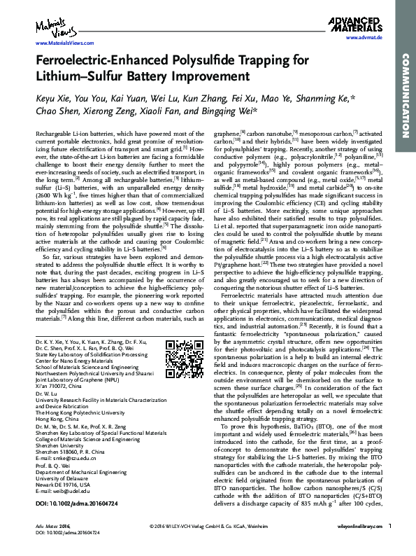 (PDF) Ferroelectric-Enhanced Polysulfide Trapping for Lithium-Sulfur ...