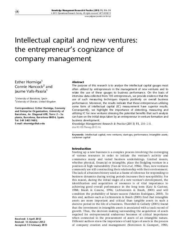 (PDF) Intellectual capital and new ventures: the entrepreneur's ...