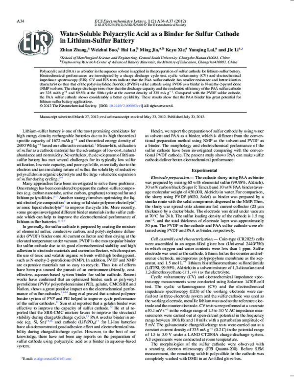 (PDF) Water-Soluble Polyacrylic Acid as a Binder for Sulfur Cathode in ...