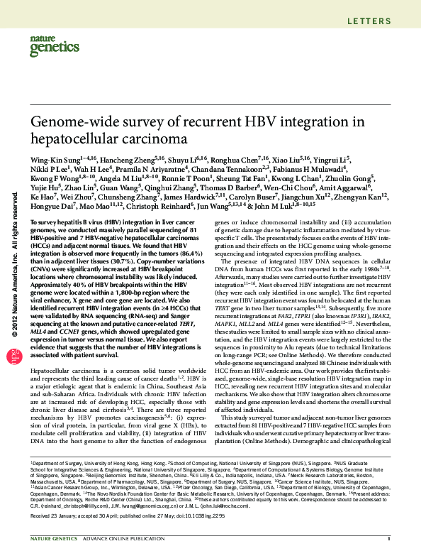 (PDF) Genome-wide survey of recurrent HBV integration in hepatocellular ...