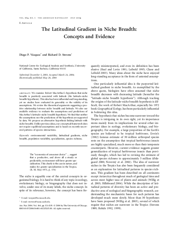 Pdf The Latitudinal Gradient In Niche Breadth Concepts And Evidence
