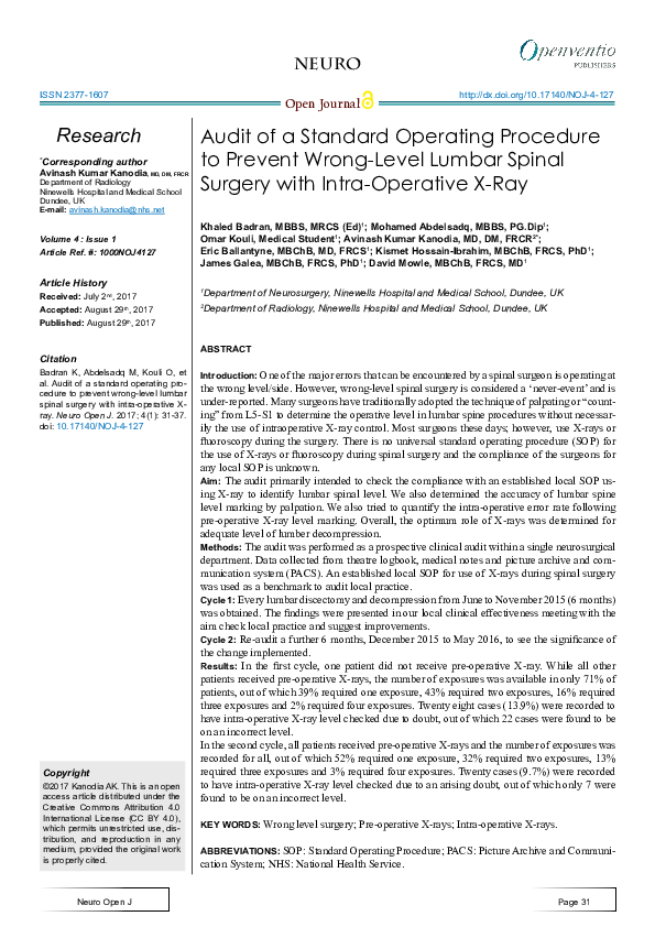 (PDF) Audit of a Standard Operating Procedure to Prevent Wrong-Level ...