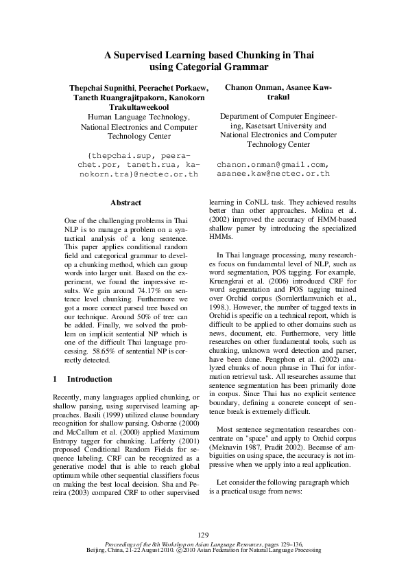 Pdf A Supervised Learning Based Chunking In Thai Using Categorial Grammar