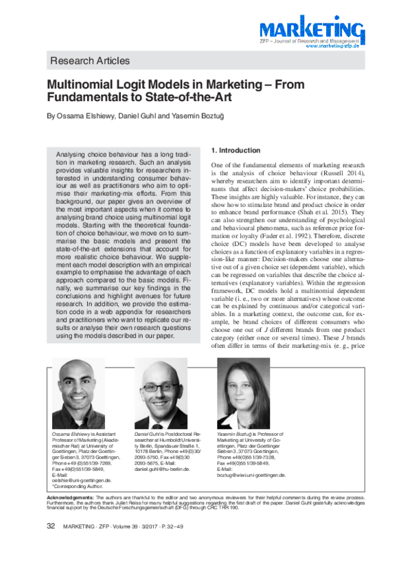(PDF) Multinomial Logit Models in Marketing - From Fundamentals to State-of-the-Art