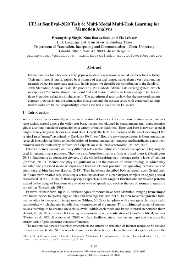 Pdf Lt3 At Semeval 2020 Task 8 Multi Modal Multi Task Learning For