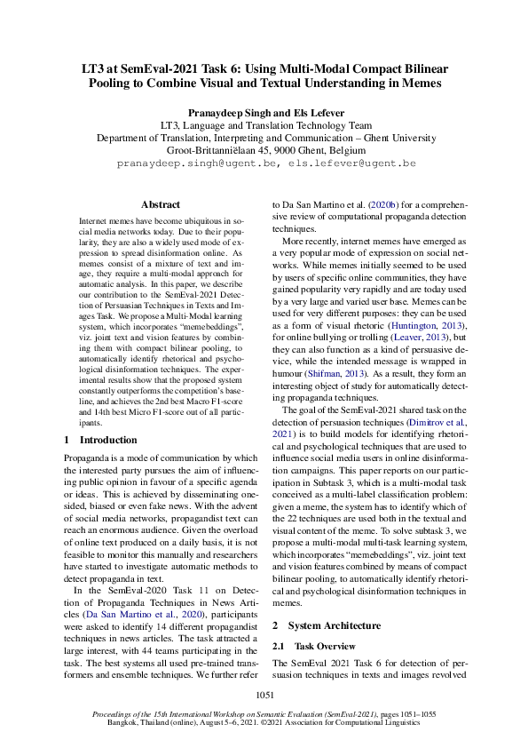 Pdf Lt3 At Semeval 2021 Task 6 Using Multi Modal Compact Bilinear