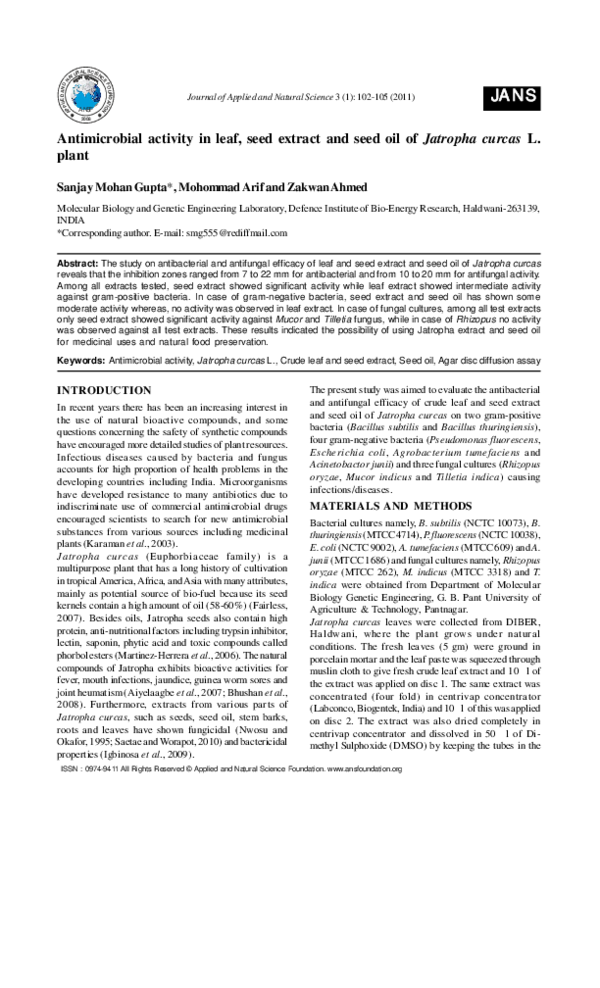 (PDF) Antimicrobial activity in leaf, seed extract and seed oil of Jatropha curcas L. plant