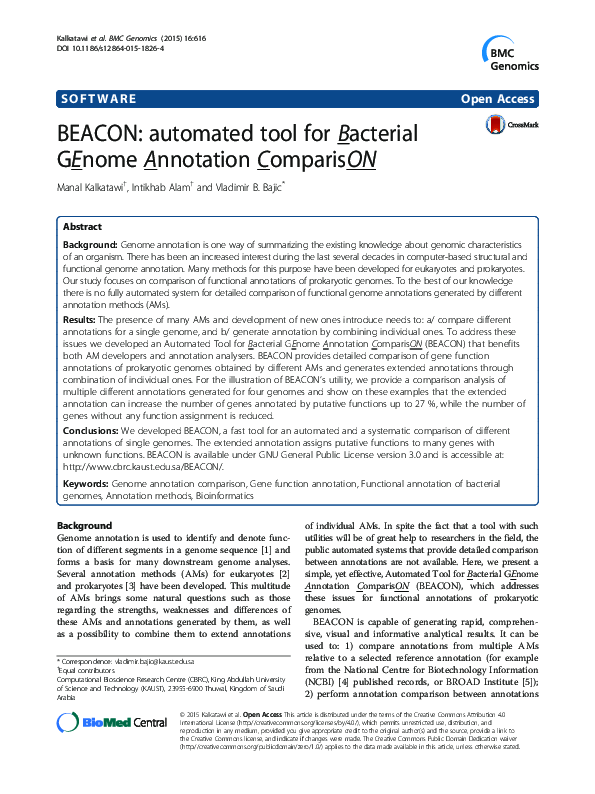 (PDF) BEACON: automated tool for Bacterial GEnome Annotation ComparisON