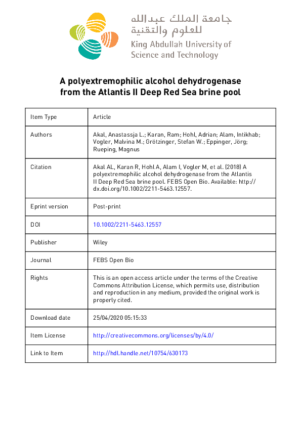 (PDF) A polyextremophilic alcohol dehydrogenase from the Atlantis II ...