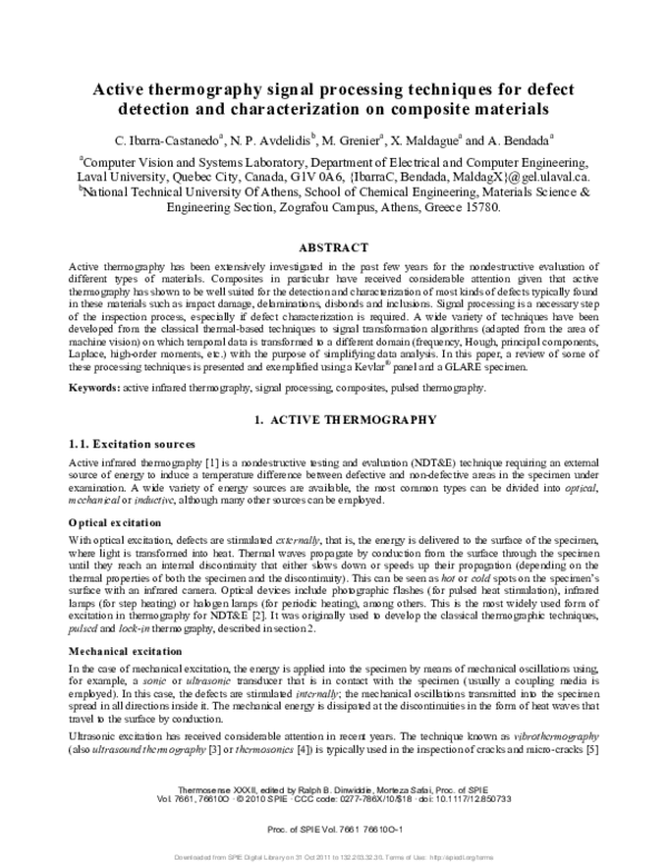 Pdf Active Thermography Signal Processing Techniques For Defect Detection And Characterization