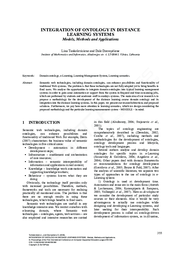 Pdf Integration Of Ontology In Distance Learning Systems Models Methods And Applications