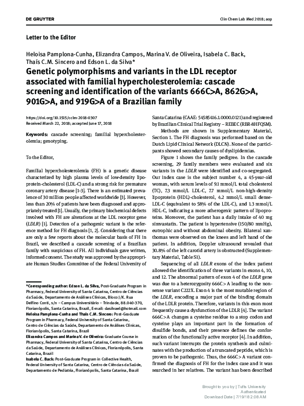 (PDF) Genetic polymorphisms and variants in the LDL receptor associated ...