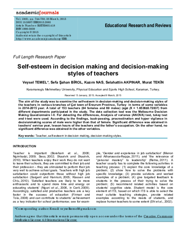 (PDF) Self-esteem in decision making and decision-making styles of teachers