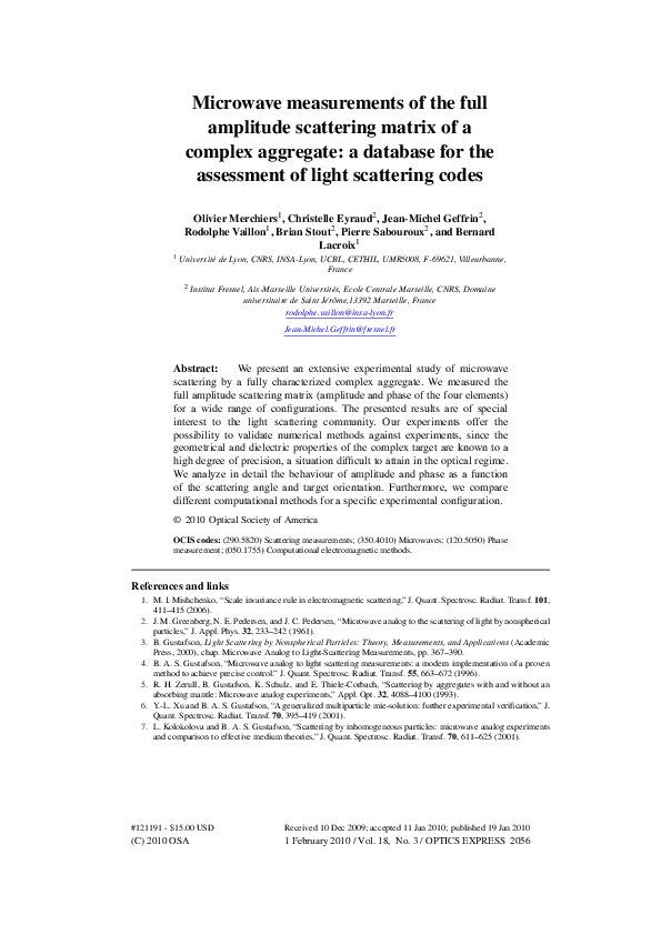 (PDF) Microwave measurements of the full amplitude scattering matrix of a complex aggregate: a ...