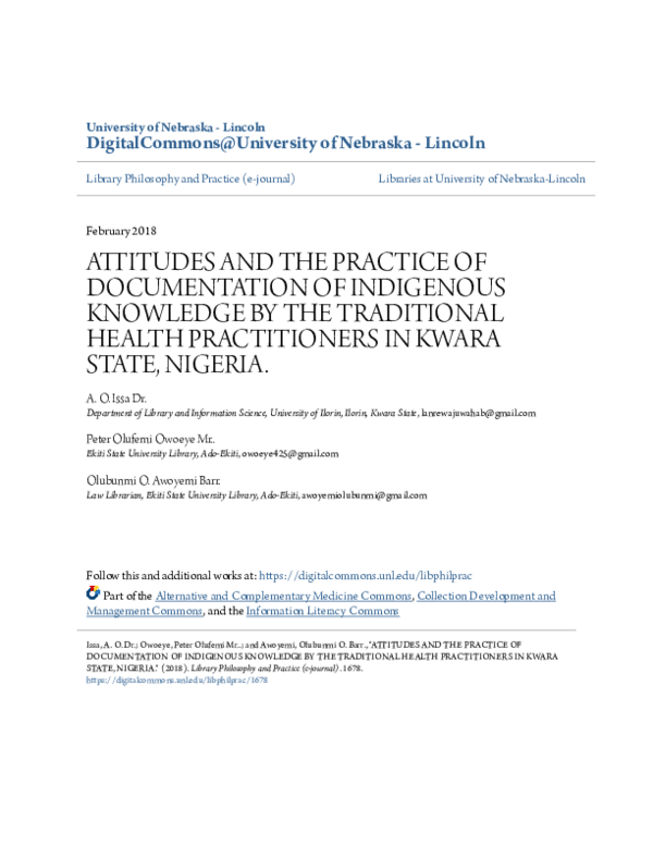 (PDF) Attitudes and the Practice of Documentation of Indigenous Knowledge by the Traditional ...