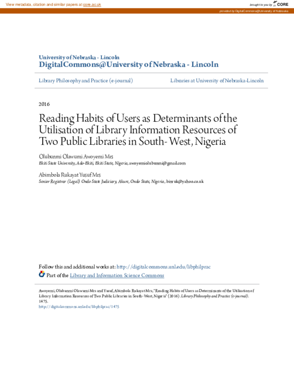 (PDF) Reading Habits of Users as Determinants of the Utilisation of Library Information ...