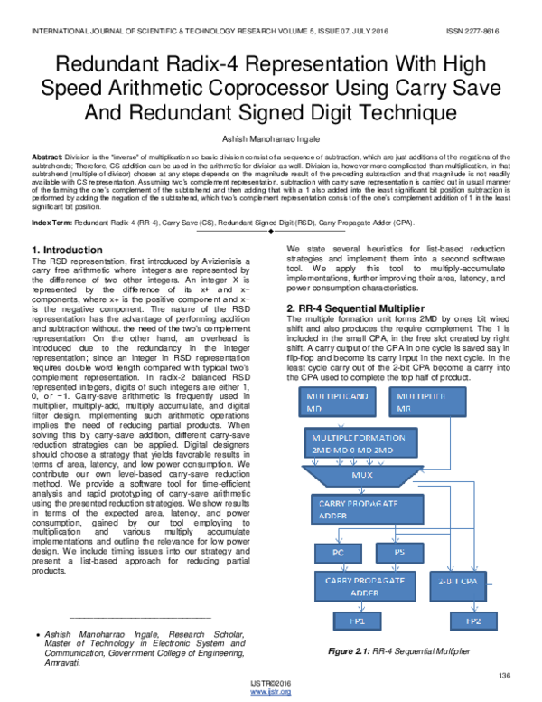 Pdf Redundant Radix 4 Representation With High Speed Arithmetic Coprocessor Using Carry Save