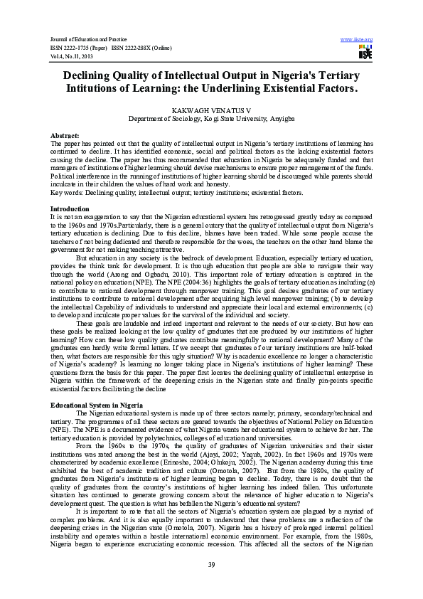 (PDF) Declining Quality of Intellectual Output in Nigeria's Tertiary ...