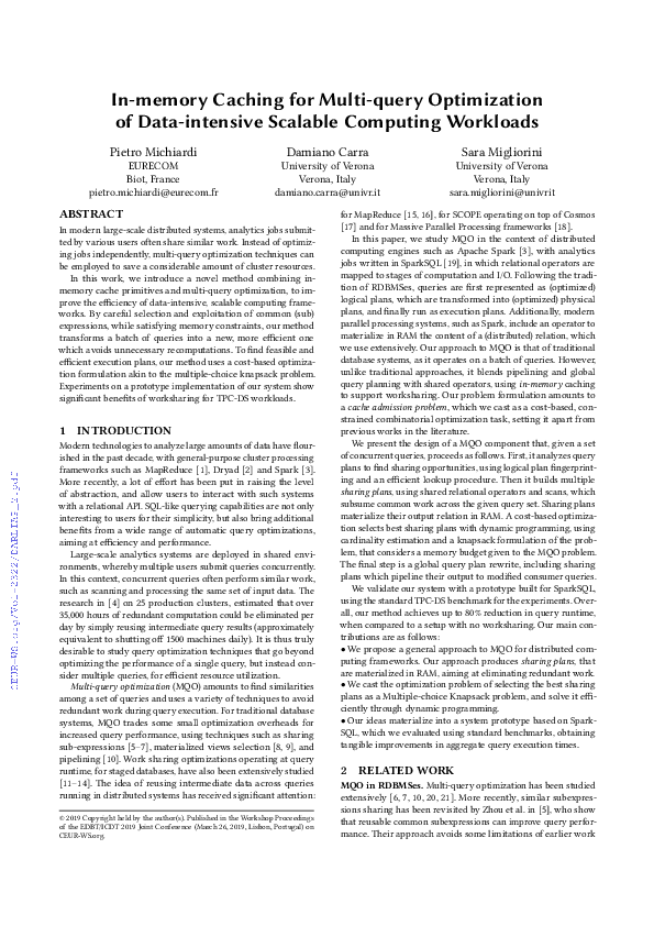 Pdf In Memory Caching For Multi Query Optimization Of Data Intensive Scalable Computing Workloads 0138