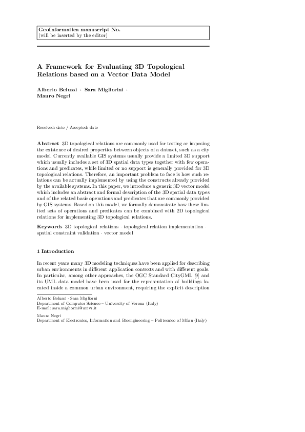 Pdf A Framework For Evaluating 3d Topological Relations Based On A