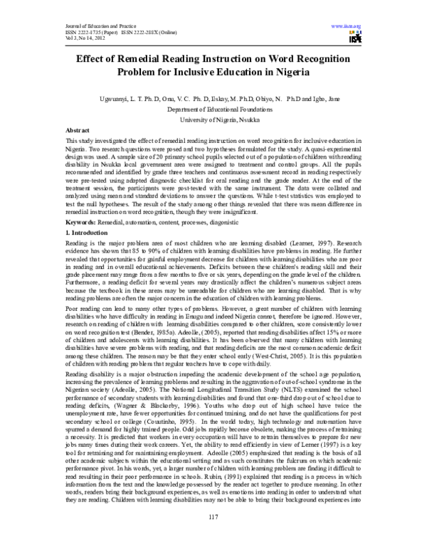 (PDF) Effect of Remedial Reading Instruction on Word Recognition Problem for Inclusive Education ...