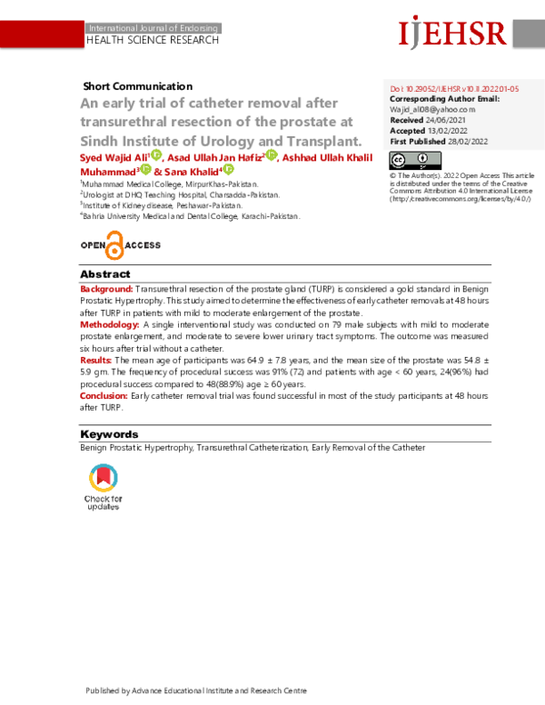 (PDF) An early trial of catheter removal after transurethral resection ...