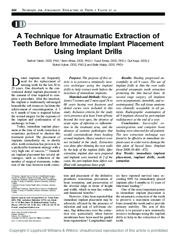 (PDF) A Technique for Atraumatic Extraction of Teeth Before Immediate Implant Placement Using ...