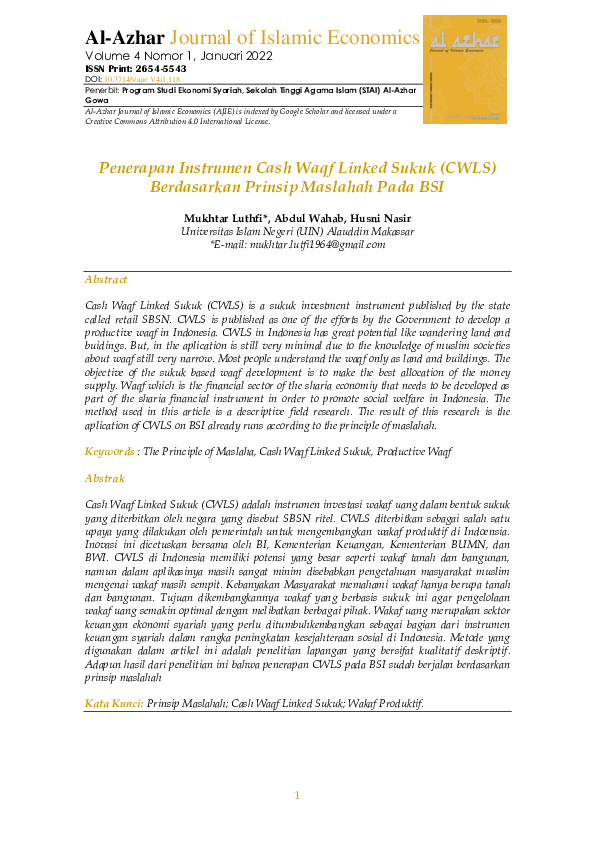 (PDF) Penerapan Instrumen Cash Waqf Linked Sukuk (CWLS) Berdasarkan Prinsip Maslahah Pada BSI