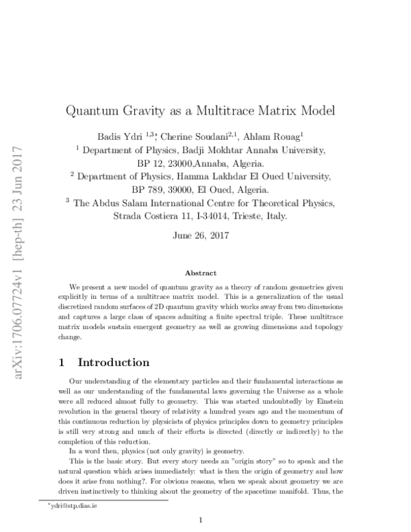 (PDF) Quantum gravity as a multitrace matrix model