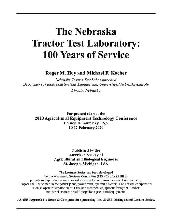 (PDF) The Nebraska Tractor Test Laboratory: 100 Years of Service