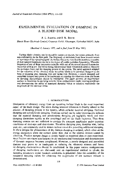 Experimental Evaluation Of Damping In A Bladed Disk Model
