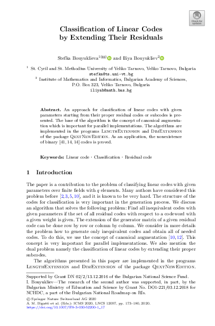 (PDF) Classification of Linear Codes by Extending Their Residuals