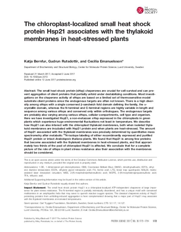 (PDF) The chloroplast-localized small heat shock protein Hsp21 ...