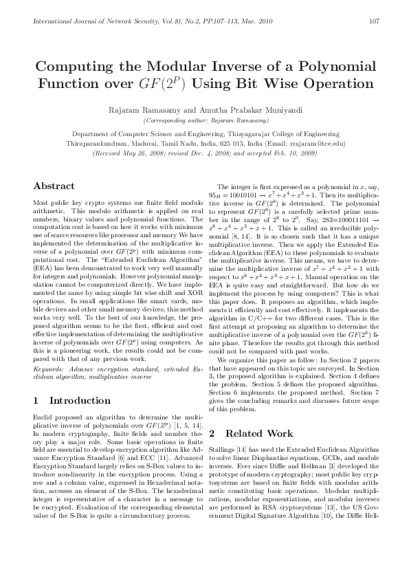 Pdf Computing The Modular Inverse Of A Polynomial Function Over Gf2p Using Bit Wise Operation