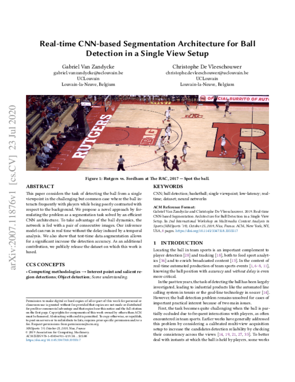 Pdf Real Time Cnn Based Segmentation Architecture For Ball Detection In A Single View Setup
