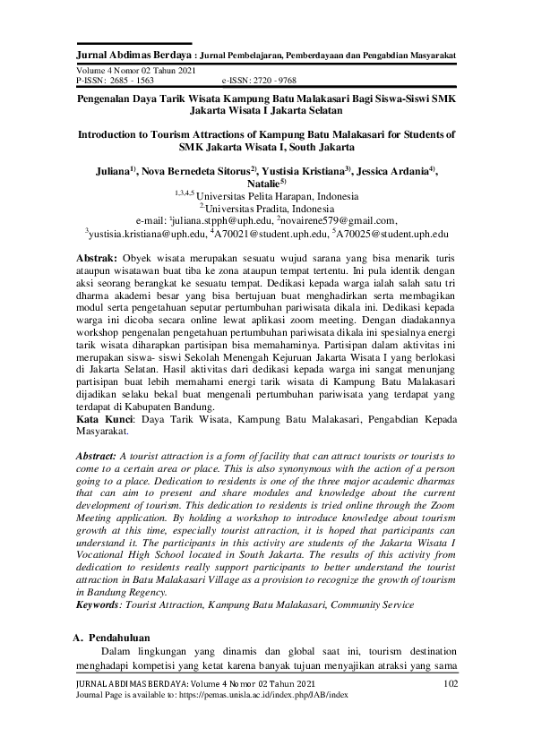 (PDF) Pengenalan Daya Tarik Wisata Kampung Batu Malakasari Bagi Siswa-Siswi SMK Jakarta Wisata I ...