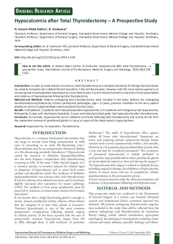 (PDF) Hypocalcemia after Total Thyroidectomy – A Prospective Study