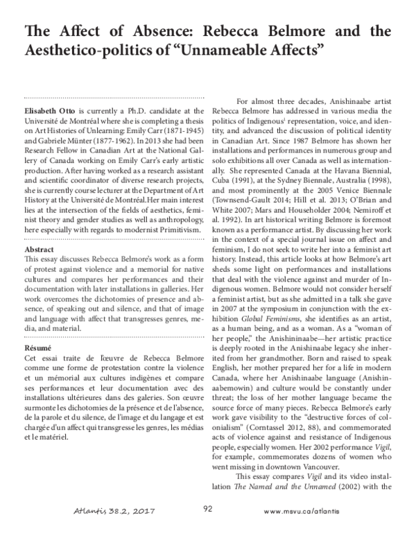 (PDF) The Affect of Absence: Rebecca Belmore and the Aesthetico ...