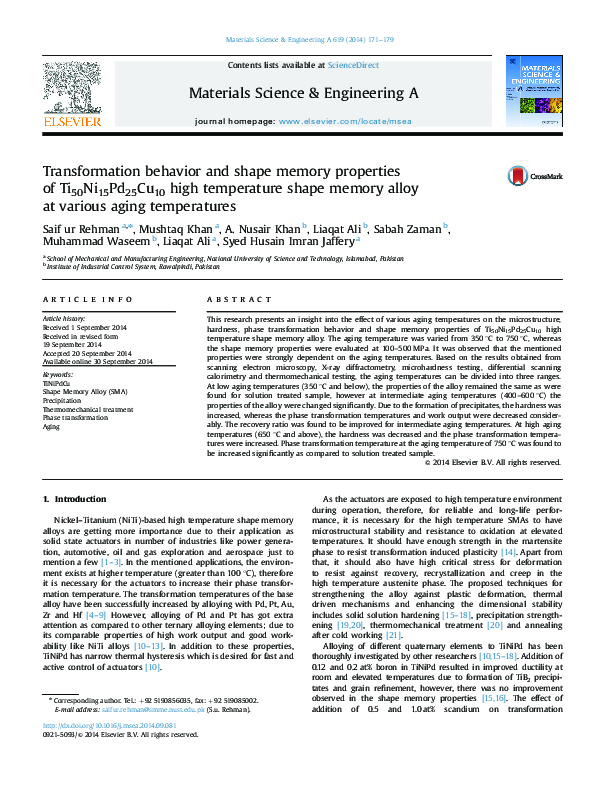 (PDF) Transformation behavior and shape memory properties of Ti50Ni15Pd25Cu10 high temperature ...