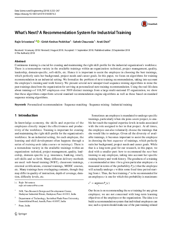 (PDF) What’s Next? A Recommendation System for Industrial Training
