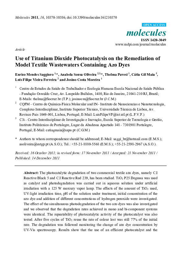 (PDF) Use of Titanium Dioxide Photocatalysis on the Remediation of Model Textile Wastewaters ...