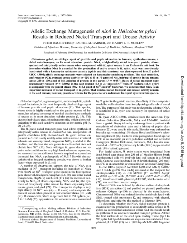 (PDF) Allelic exchange mutagenesis of nixA in Helicobacter pylori ...