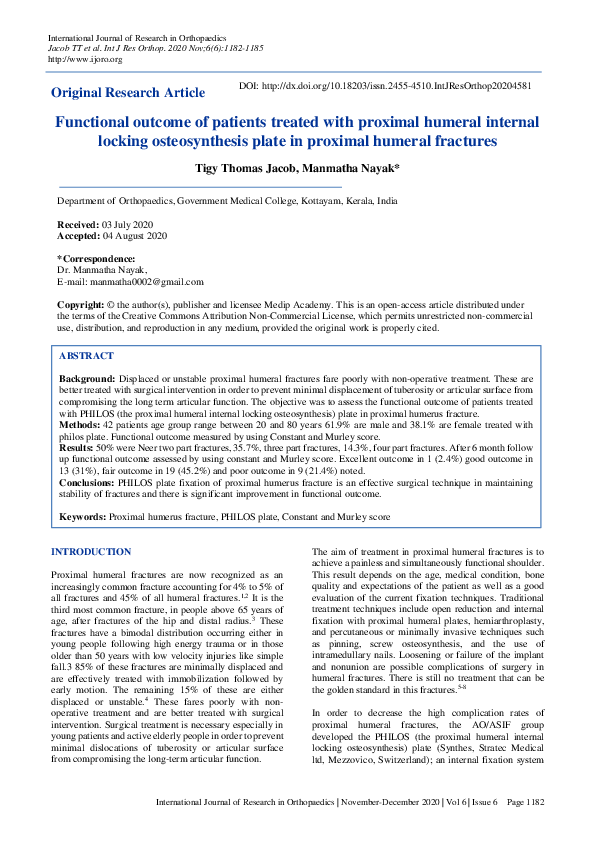 (PDF) Functional outcome of patients treated with proximal humeral internal locking ...