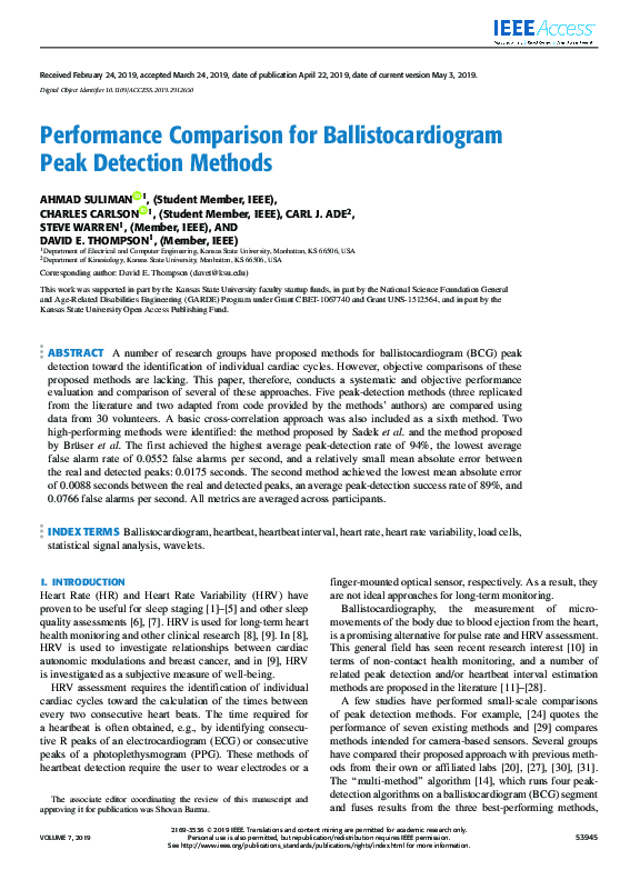 Pdf Performance Comparison For Ballistocardiogram Peak Detection Methods