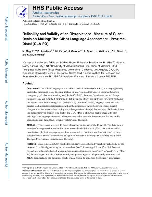 (PDF) Reliability and Validity of an Observational Measure of Client Decision-Making: The Client ...
